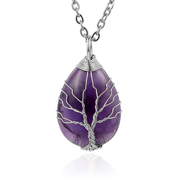 商品名:  Thajaling Natural Amethyst Teardrop Pendant Necklace Vintage Silver Wire Wrapped Family Tree Life Pedant gift for ...