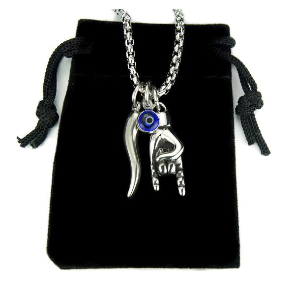 商品名: Mano Cornuto、Cornicello、Nazarコンボネックレス、24インチボックスチェーン、イタリアラッキーハンドホーン アンチイーブルアイ 幸運のお守り 保護チャーム すべてステンレススチール メタル 0, 金属, ...