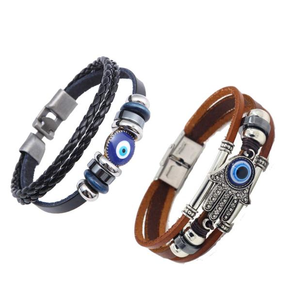 商品名: RUIZHEN 2個セット 多層 イーブルアイ レザーブレスレット メンズ ブレイド ロープ ブレスレット 保護ジュエリー RUIZHEN 2 Pcs Set Multi-Layer Evil Eye Leather Bracel...
