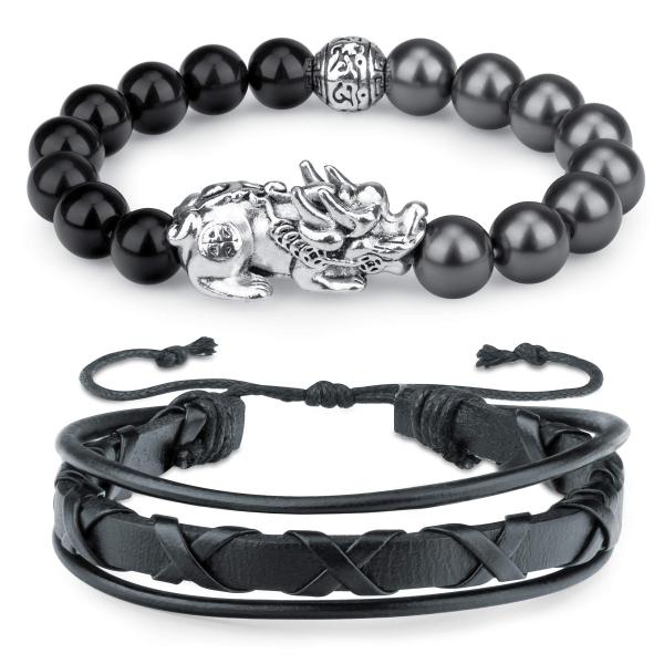 商品名: ZenBless Pi Xiu Feng Shui ブラック 黒曜石 富 レッド グリーン メノウ ブレスレット デコレーション ブレスレット レディース メンズ 富 健康 幸運 ブラック ZenBless Leather Obs...