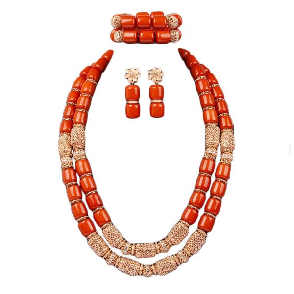 商品名: Hibeads ナイジェリアウェディングアフリカンビーズジュエリーセット レディース イミテーションコーラルビーズとゴールドアクセサリー 長さ36インチ ネックレスイヤリングとブレスレット, 亜鉛, ラインストーン Hibeads...
