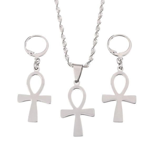 商品名:  Stainless Steel Egyptian Ankh Cross Pendant Necklace Earrings Egypt Hieroglyphs Crux Ansata Jewelry Set (Silver)ブラ...