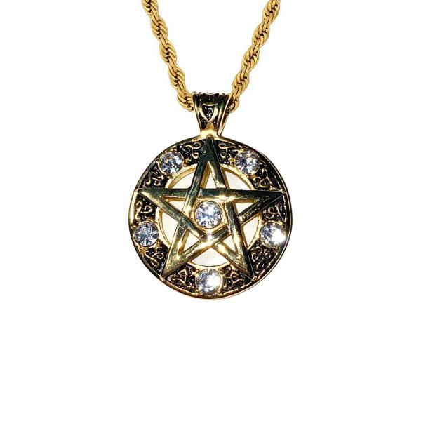 商品名:  Men Women 925 Italy 14k Gold Finish Iced Round Black Jewish Star of David Pyramid with The Eye of Horus Ice Out Pe...