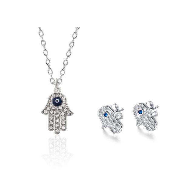商品名: COLORFUL BLING 2個セット ゴールド ホワイトゴールド メッキ 邪眼 ハムサ ハンド イヤリング ネックレス ファティマ ホワイト ブルー キュービック ジルコン クリスタル スタッド レディース ティーン ガールズ...