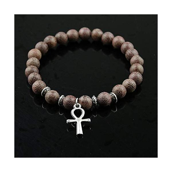 商品名: TonyJameJPStore メンズ 木製ビーズブレスレット 天然バイオレット 木製 エジプシャンアンククロスビーズブレスレット 木製 レディース ガールズ エジプトヒエログリフ、クルックスアンサタ - シルバー TonyJam...