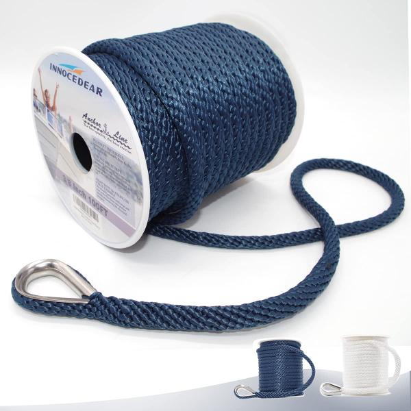 商品名: INNOCEDEAR Cuerda de anclaje trenzada (azul marino, 3/8 pulgadas x 100 ') Cuerda de barco trenzada s〓lida premium c...