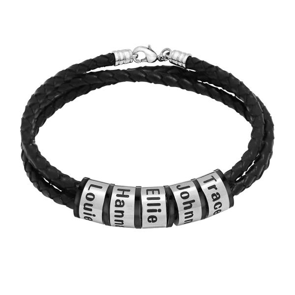 商品名:  handmadejewelry Personalized Mens Black Braid Leather Names Bracelets with 1-9 Charm Beads Engraved Message Custom...