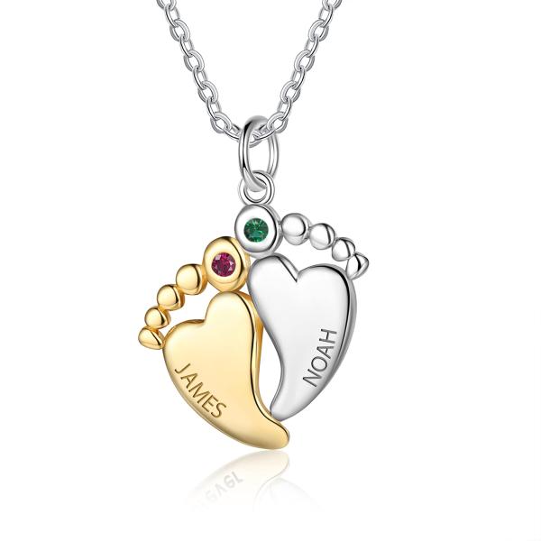 商品名:  Personalized Customized Baby Feet Pendant with 2 Birthstone Gems Cubic Zirconia engraved 2 names newborn baby gift...
