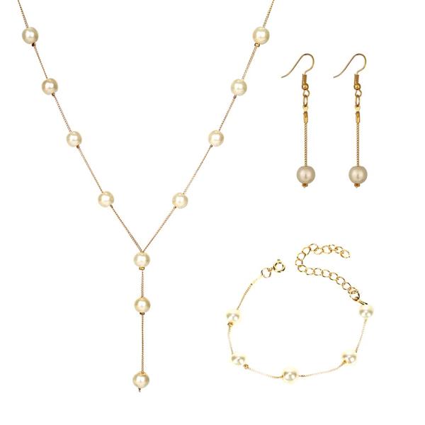 商品名: ゴールドジュエリーセット レディース パールネックレス ブレスレット イヤリング ガールズ ウェディングパーティー プロム ジュエリーセット レディース ガールズ YangQian Gold Pearl Jewelry Sets ...
