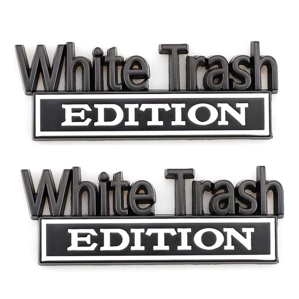 商品名:  CARRUN 2 Pcs White Trash Edition Emblem Car Side Rear Front Hood Trunk Door Fender Bumper Metal Badge 3D Decal Sti...
