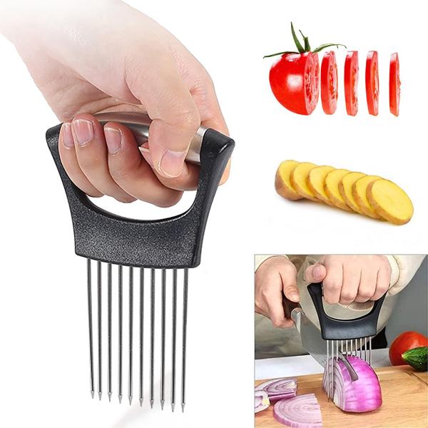 商品名: ポテトスライサー フードスライス アシスタント オニオンホルダー スライサー 野菜チョッパー キッチンガジェット ステンレススチール 野菜スライサー オニオンフォーク 肉たたき 食品を切るための指プロテクター (1パック) Foo...
