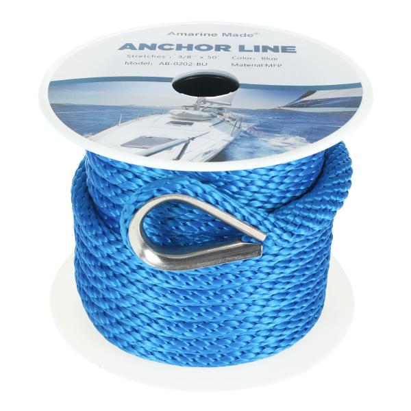 商品名: Amarine Made 3/8インチ 50フィート 100フィート 150フィート プレミアムソリッドブレイド MFPアンカーライン 編組アンカーロープ/ライン 指ぬき 破断強度800kg ブルー 50フィート Amarine ...