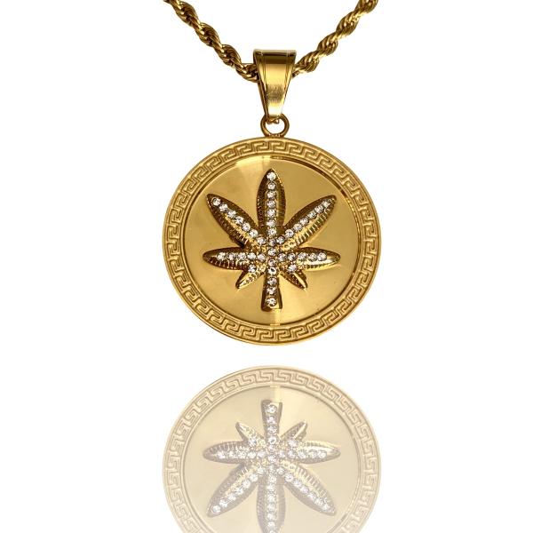 商品名:  Marijuana Weed Leaves 420 Friendly Iced Necklace Men Women 14k Gold Finish Pendant Stainless Steel Real 3 mm Rope ...
