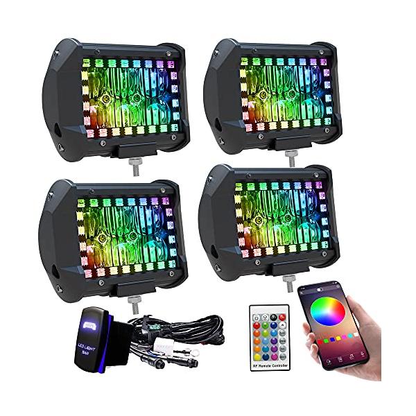 商品名: FEELON 4インチ LEDフラッドワークライトバー マルチカラーチェイシングRGBヘイロー 16色 92以上の点滅モード オフロードポッドライト LEDドライビングランプ フォグライト スイッチと配線ハーネス付き FEELON...