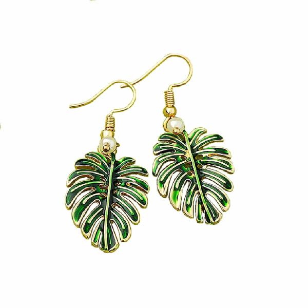 商品名: グリーンエナメル トロピカル ヤシの木 フレッシュ モンステラ リーフ イヤリング ダングルイヤリング, エナメル, 宝石なし。, Green Enamel Tropical Palm Tree Fresh Monstera Le...