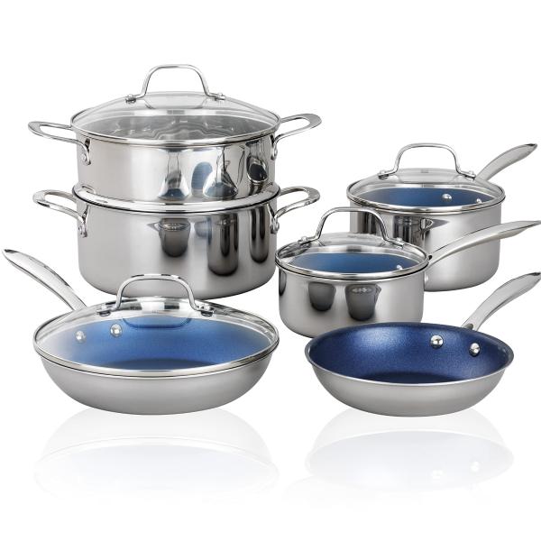 商品名:  Granitestone Blue Nonstick Cookware Set, Tri-Ply Base, Stainless Steel Pots &amp; Pans Set, 5 Piece Cookware, Incl...