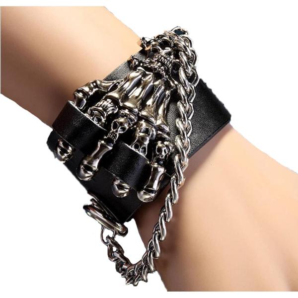 商品名:  Gothic Skull Hand Chain Studded Rivets Punk Rock Leather Bracelets Bangle with Finger Ring Halloween Cos Skeleton ...