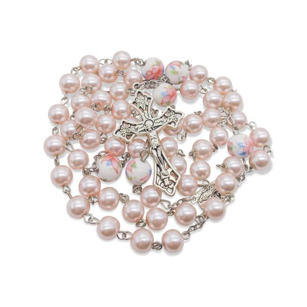 商品名: Nazareth Store Pink Pearl Beads Rosary White Flowers Beaded Necklace Lourdes Medal &amp; Cross Crucifix Nazareth St...