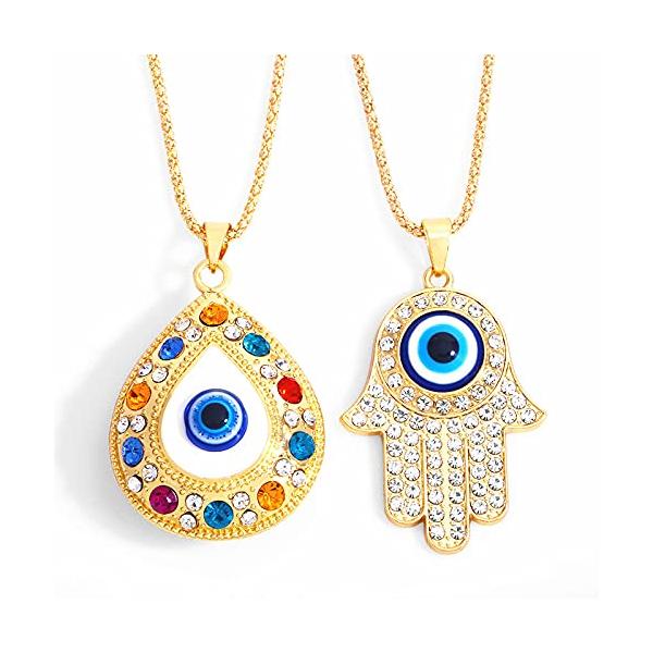 商品名: 14K ゴールドメッキ 邪眼 ハムサ ハンドペンダントネックレス セット クリスタル キュービックジルコニア レディース メンズ 保護 幸運のお守り ジュエリー, 水晶, 合金。, COLORFUL BLING 14K Gold ...