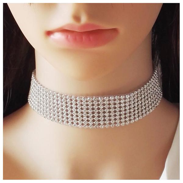 商品名:  Faruodis Rhinestone Choker Necklace Wide Crystal Choker Necklace 5Row-8Row Diamond Collar Jewelry Silver Plated fo...