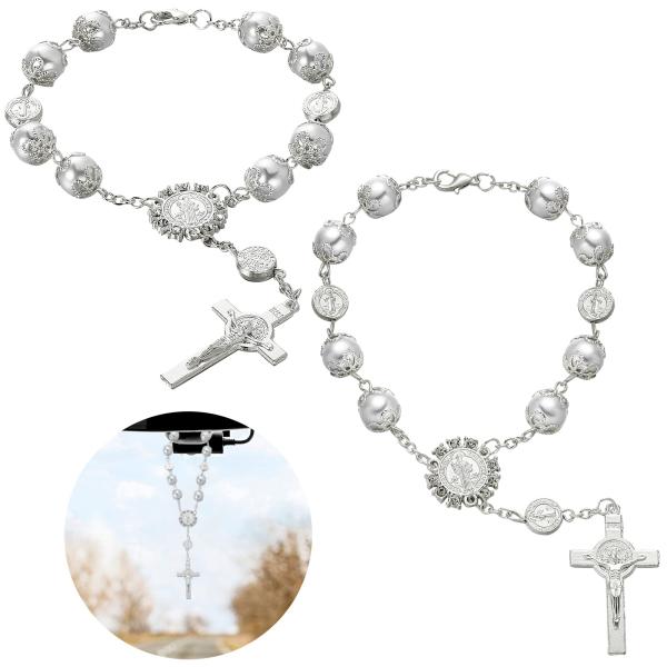 商品名: 聖ベネディクト 車用ロザリオ 2個 バックミラー 自動ロザリオ ハンギング パーソナライズ 車 クロス 祝福 カトリックカー メダル トラック バイク オートバイ 車 ミラー 吊り下げアクセサリー インテリア装飾 (シルバー) S...