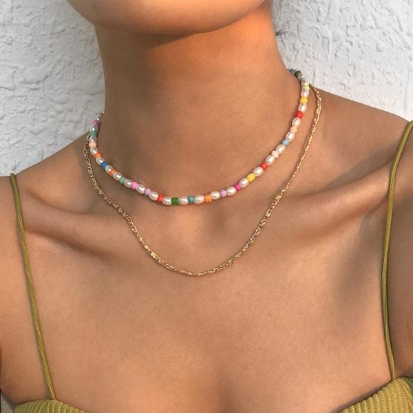 商品名: Kercisbeauty パールとカラフルなビーズチョーカー レディース ガールズ 細いチェーン 2層ネックレス (ゴールド) Kercisbeauty Pearl and Colorful Beads Choker for Wo...