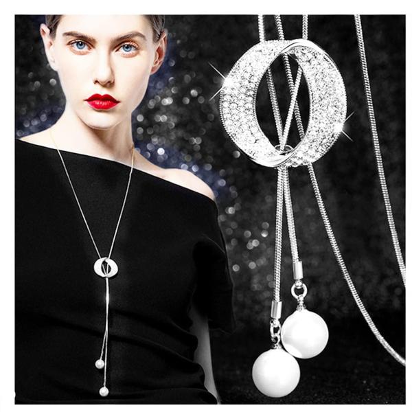 商品名:  Sither Silver Crystal Necklace for Women Long Pearls Necklace Sweater Chain Statement Necklace for Wedding Jewelry...