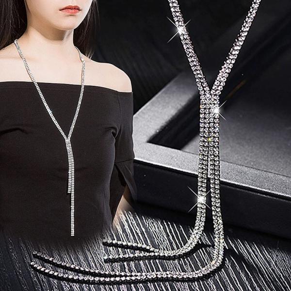 商品名:  Sither Silver Crystal Necklace for Women Long Sweater Chain Statement Necklace for Wedding Jewelry for Dressy Wint...