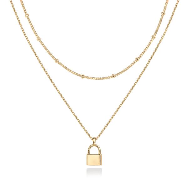 商品名: 21C-N03 重ね付けネックレス, 金属, キュービックジルコニア, PAVOI 14K Gold Plated Layered Lock Pendant Necklace | Layering Necklaces for Wo...