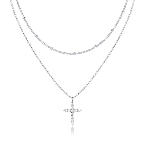 商品名: 21C-N03 重ね付けネックレス, 金属, キュービックジルコニア, PAVOI Rhodium Plated Layered Cross Pendant Necklace | Layering Necklaces for Wo...