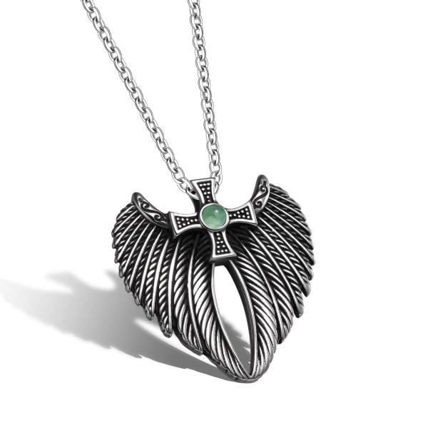 商品名: 天使の翼ネックレス - バイキングクロスジュエリー - 男性と女性へのケルトギフト - スピリチュアルな保護のお守り - 守護エネルギークリスタル - アンティーク仕上げ ステンレススチール 北欧パワーペンダント - グリーンクォ...