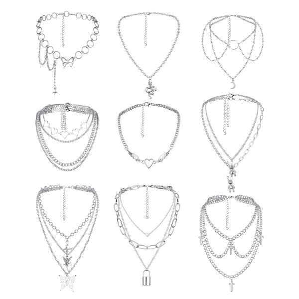 商品名: Sanfenly パンク レイヤードネックレス レディース Egirls メンズ イーボーイ クロスハートロック バタフライ スネークムーン ラビット ペンダントネックレス ゴシックチョーカーネックレス シルバーチャンキーチェーン...