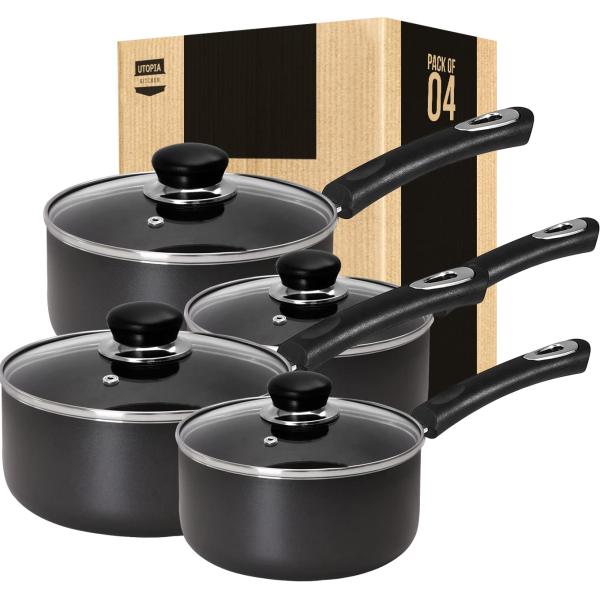 商品名: Utopia Kitchen ノンスティックソースパンセット - 1クォートと2クォートソースパンセット 蓋付き - 多目的ポットセット ホームキッチンまたはレストラン用 (グレー-ブラック) Utopia Kitchen Non...