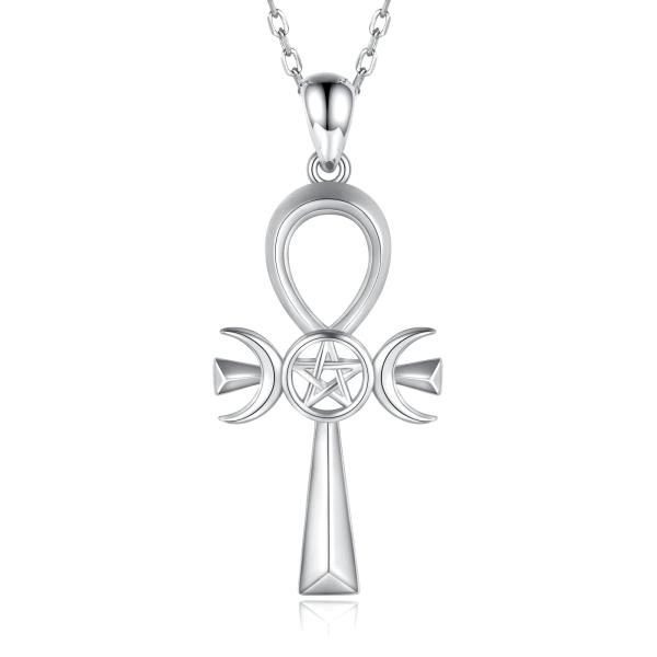 商品名: スターリングシルバーコプトアンクネックレス:トリプルムーンクロスアンクネックレス 女性用 ウィッカンペンタグラム キーオブライフペンダント お守り保護ジュエリー 十代の少女へのギフト JZCOLOR Sterling Silver...
