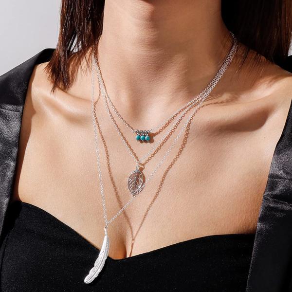 商品名: Asphire ボヘミアンレイヤードターコイズティアドロップチャームペンダントネックレス 華奢なフェザーリーフチョーカーネックレス ボーホーグリーンビーズバーネックレス レディース (シルバーC) Asphire Bohemian...