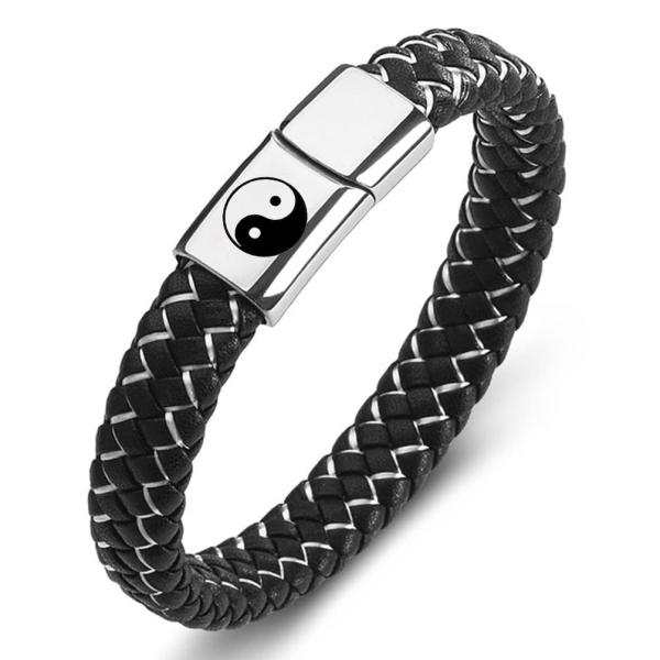 商品名:  SHNIAN Taoism Symbol Signet Bracelet Titanium Steel Black &amp; White Woven Leather Double Color Cuff Wristband Cr...
