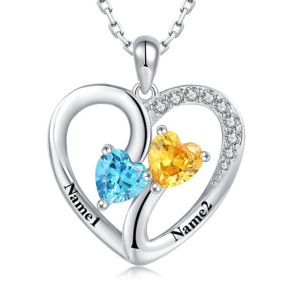 商品名:  925-Sterling-Silver Personalized Heart Name Necklace - Custom 2 Heart Simulated Birthstones with 5A Cubic Zirconia...