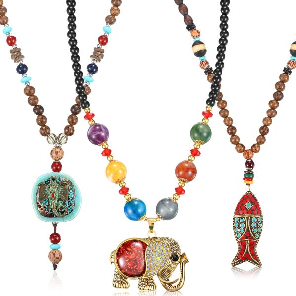 商品名: ボーホービーズネックレス ボーホー 木製ロングビーズネックレス ハンドメイド ターコイズフィッシュ 象ネックレス ボーホージュエリー 収納バッグ付き レディース ガールズ 6個 3 Pcs Boho Long Pendant Ne...