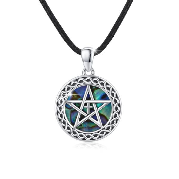 商品名:  Celtic Pentagram Necklace Men 925 Sterling Silver Pentagram Abalone Shell Star Pendant Necklaces Good Luck Irish J...
