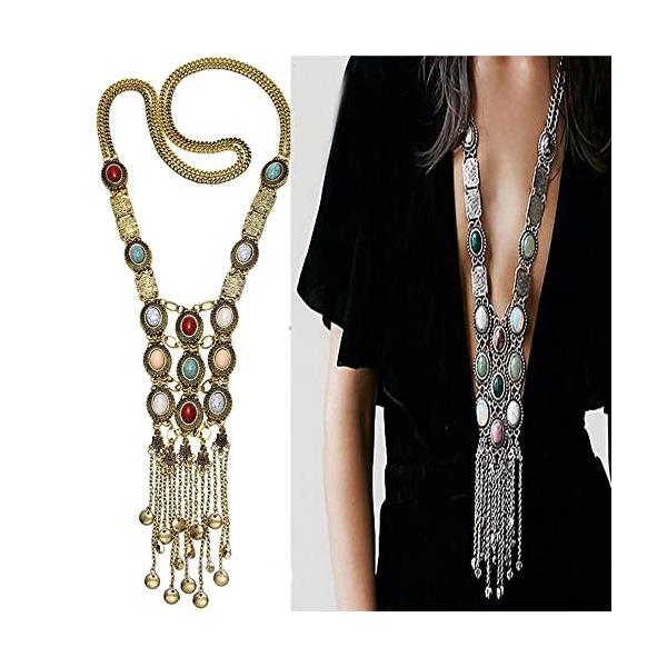 商品名: Asphire ボヘミアンロングタッセルネックレス ヴィンテージ カラフル 宝石 ターコイズネックレス ネパール チベット エスニック 誇張されたステートメントアクセサリー レディース ガールズ (ゴールド) Asphire Bo...