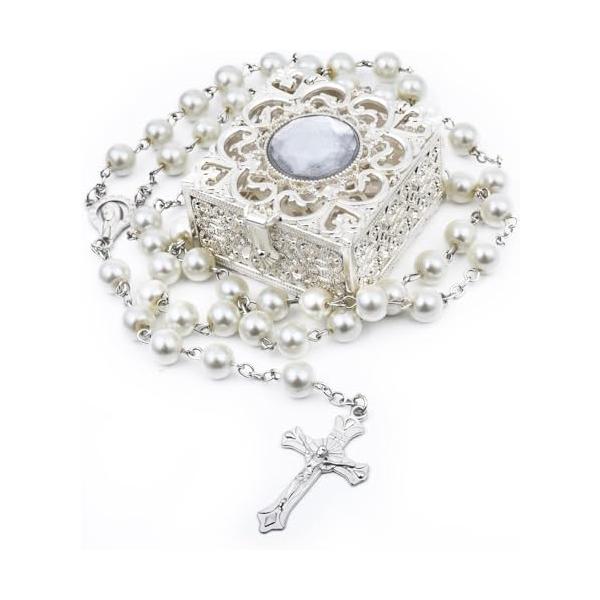 商品名: FLAFARY 初聖体拝領ロザリオ 女の子と男の子用 ロザリオ ビーズ カトリック メンズ レディース 子供用 聖杯 メタルボックス ロザリオネックレス 母 祖母 長老へのギフトに (ホワイト) FLAFARY First Com...