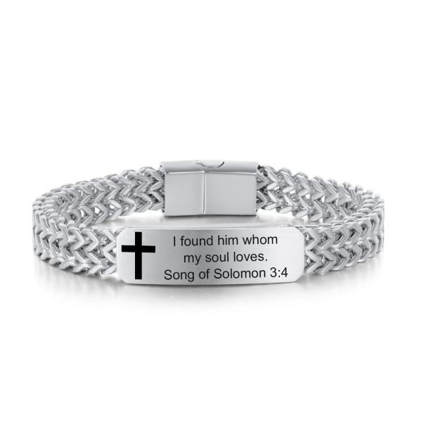 商品名:  SHNIAN Masculine Style Heavy Bracelet Bible Cross Engraved Song of Solomon 3:4 - Stainless Steel ID Wristband Reli...