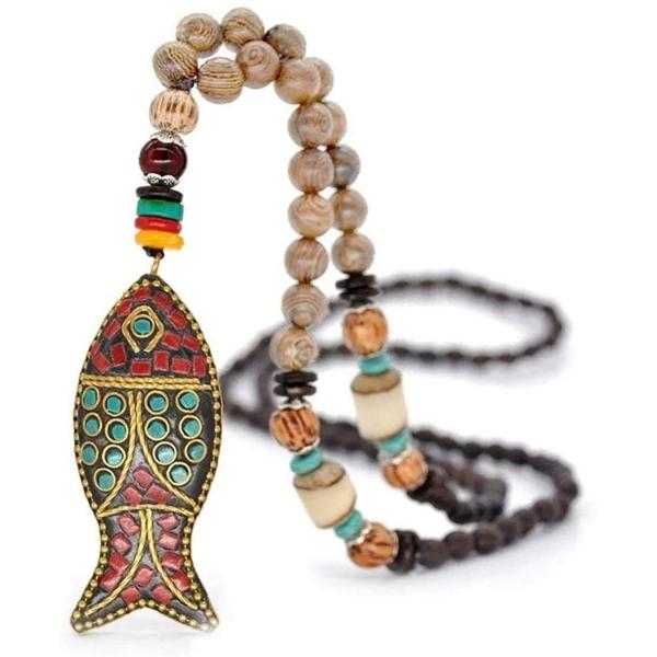 商品名:  Boho Necklaces for Women Long Pendant Beads Necklace Vintage Ethnic Bohemian Lucky Jewelry Handmade Wooden Bead Fi...