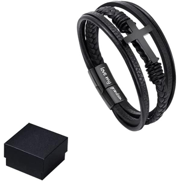 商品名:  To My Grandson Pray Through It Leather Cross Bracelet, Mens Leather Stainless Steel Black Braided Leather Bracelet...