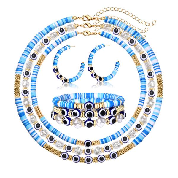 商品名: ボーホー サーファー ブレスレット イヤリング ネックレス レインボー イーヴィルアイ ビーズ ストレッチ ストリング マルデ オジョ ブレスレット ハンドメイド ヘイシ ネックレス ステートメント ビッグフープイヤリング レディ...