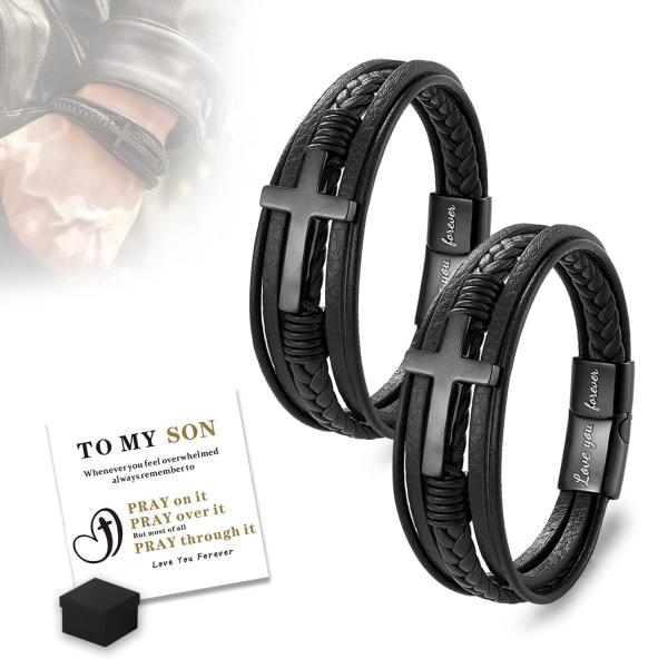 商品名:  OVNMFH To My Grandson- Love You Forever Pray Through It Leather Cross Bracelet - Men's Double Row Magnetic Closure...
