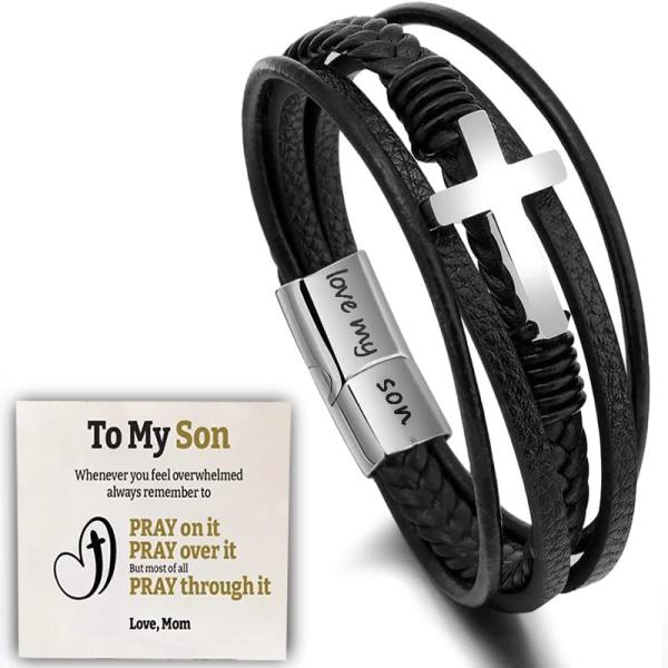 商品名:  KUYN To My Son Pray Through It Leather Cross Bracelet, Stainless Steel Black Braided Leather Bracelet, Mens Leathe...