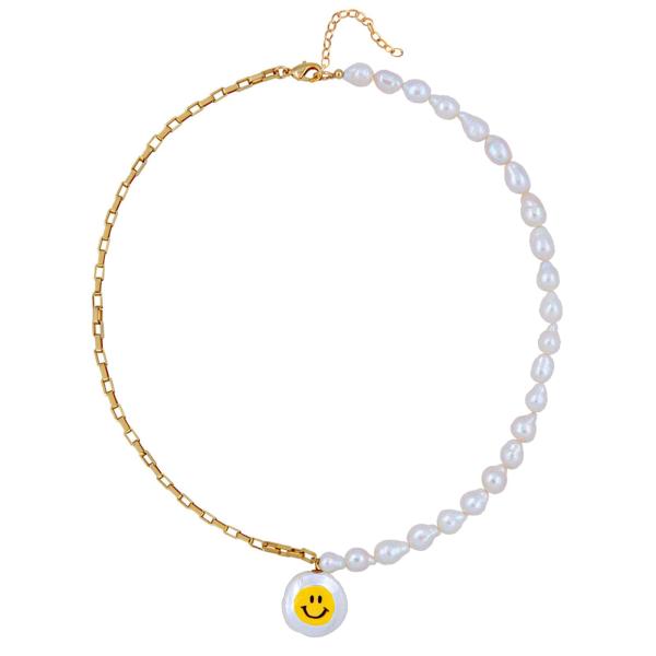商品名: Wellike ゴールドチェーンネックレス 淡水パールビーズネックレス 女性用 スマイリーフェイス バロックパールペンダントネックレス ステンレススチール 18Kゴールドメッキ Y2K 夏 トレンディジュエリーギフト, 金メッキ,...