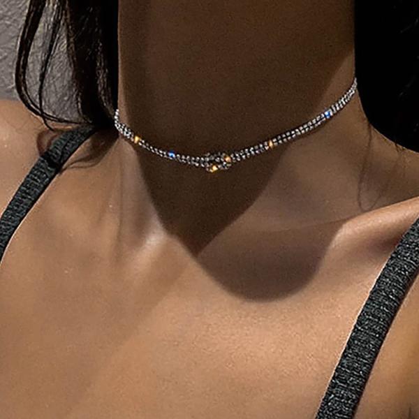商品名:  Jeairts Rhinestone Choker Necklace Silver Sparkly 2 Row Tennis Necklaces Knotted Crystal Neck Jewelry Prom Accesso...
