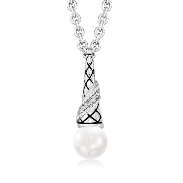 商品名:  Andrea Candela Vida De Plata 8mm Cultured Pearl Pendant Necklace With Diamond Accents and Black Enamel in Sterling...